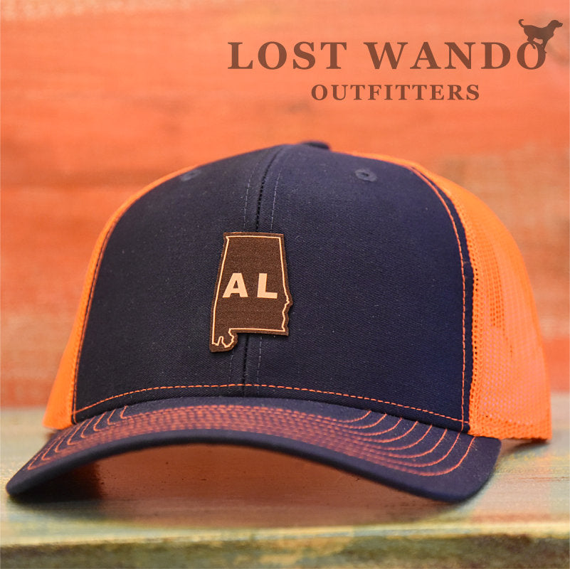 Alabama State Outline Etched Leather Patch Hat-Navy-Orange Lost Wando ...