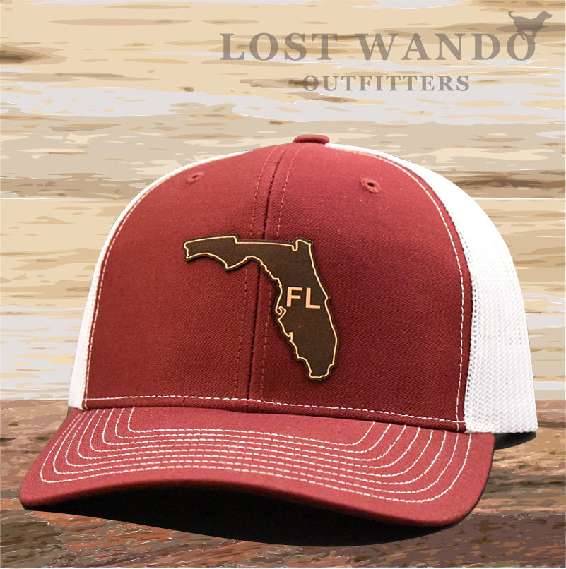 Florida State Outline Etched Leather Patch Hat -Cardinal-White Richard ...