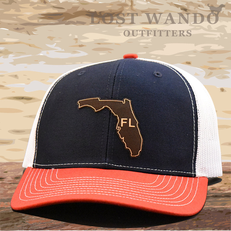Florida State Outline Etched Leather Patch Hat -Navy-White-Red Richard ...